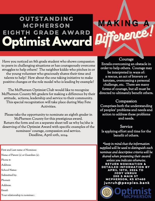 8th grade Optimist Omega Award - McPherson Optimist Club